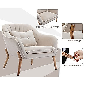 Lei Yu Shunzhi Wood Armchair with Ottoman Mid Century Modern Upholstered Barrel Chair Tufted Living Room Comfy Reading Lumbar Pillow Cushion Leisure Sofa Corner for Small Place, Beige