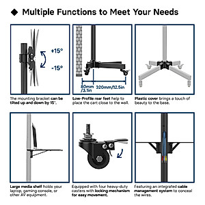 BONTEC Tilt Rolling TV Stand, Mobile TV Stand with Locking Wheels for 23-60 Inch LED, LCD, OLED Flat&Curved TVs, Height Adjustable TV Cart with Laptop Shelf, Holds Up to 88lbs Max VESA 400x400mm