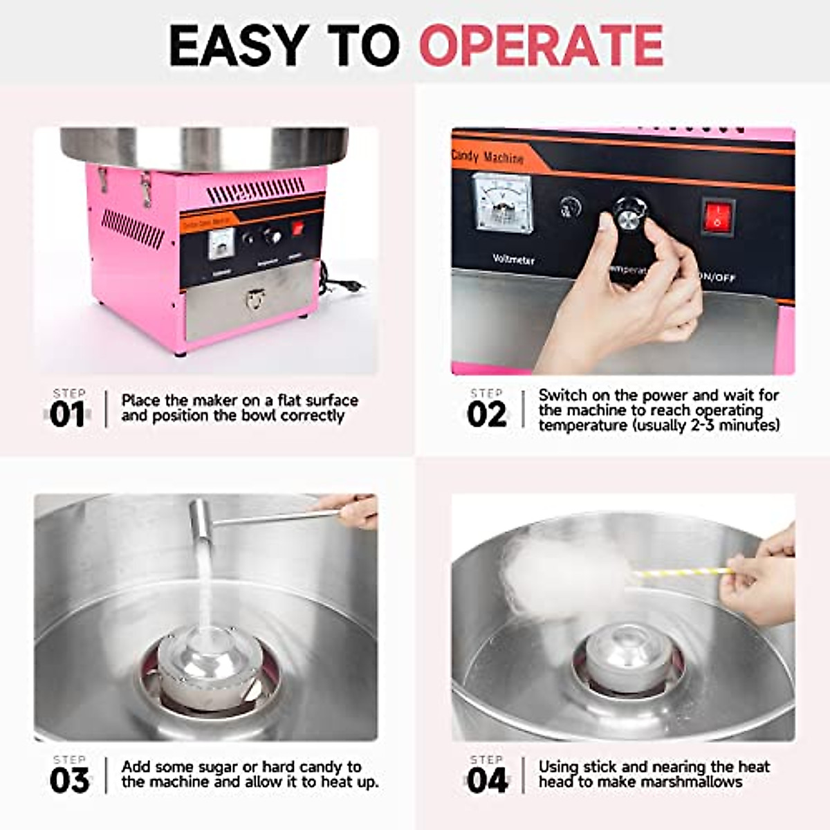 LIANQIAN 980W Cotton Candy Machine, Electric Cotton Candy Maker With Stainless Steel Bowl, Sugar Scoop, Storage Drawer, Commercial Candy Floss Maker for Family, Party Carnival, Amusement Park-Pink