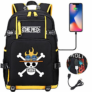 ZJYJING One Piece Anime Color Logo Print Backpack Equipped with USB Interface Fashion Casual Large Capacity Laptop Backpack (B-3)