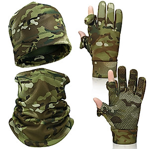 Janmercy 3 Pcs Camouflage Beanie Gloves and Scarf Set Include Beanie Neck Gaiter, 1 Pair Full Finger Hunting Gloves (Vintage Color)