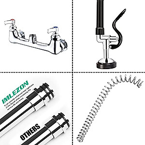 IMLEZON Commercial Wall Mount Kitchen Sink Faucets Brass Constructed Polished Chrome Pre-Rinse Device 25" Height 8" Center with Coilded Spring Pull Down Sprayer and 12" Add-on Spout