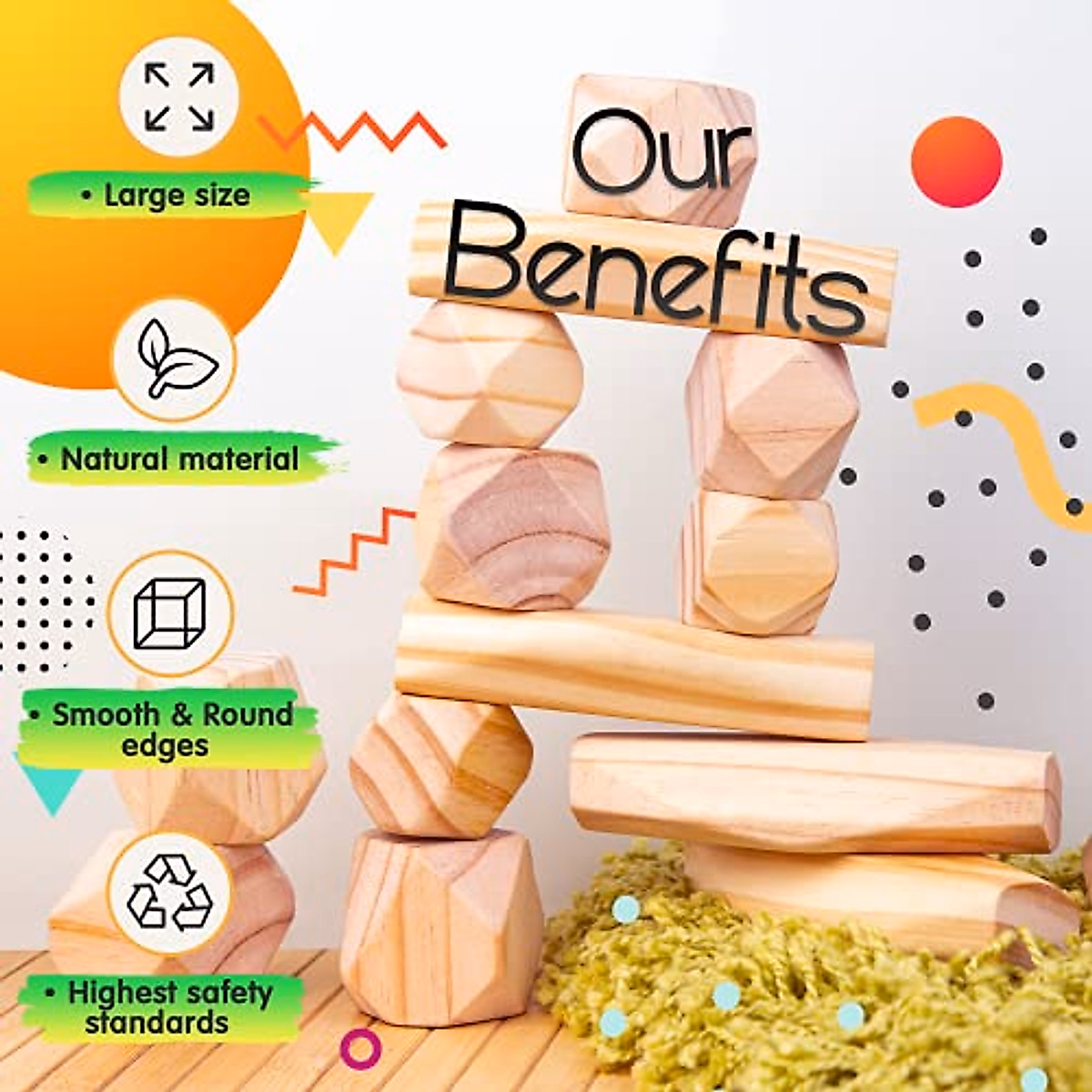 Panda Brothers Wooden Balancing Stones - Montessori Toys for 3 4 5 Year Old Kids and Toddlers Learning Sensory Toy, 20 Large Size Wooden Building Blocks Set of Stacking Stones for Kids Pine Wood Rocks