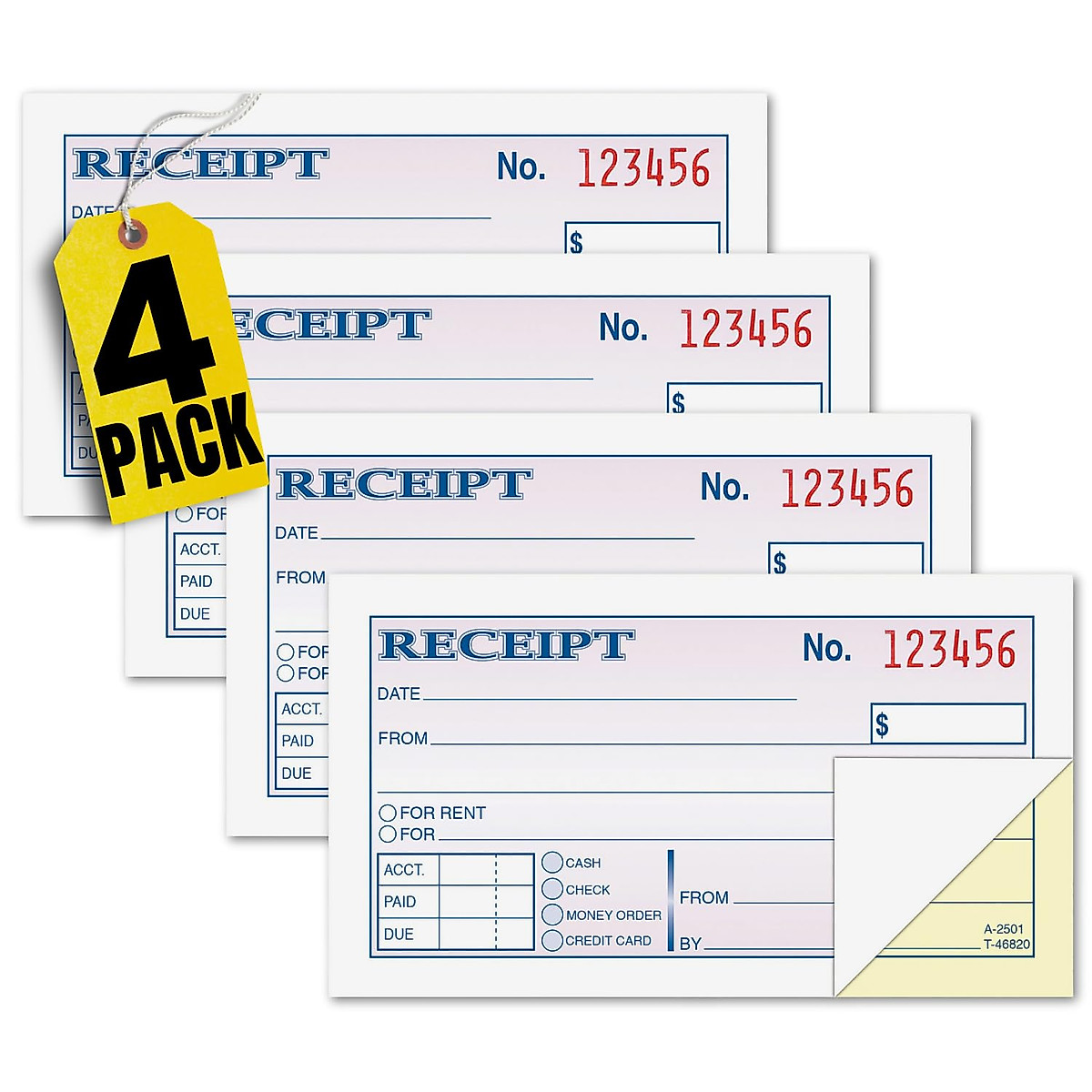 1InTheOffice Money Rent Receipt Book, 2 Part Carbonless, 2.75" x 4.78", 250 Sheets/Book, 4 Pack