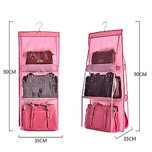 Luck Dawn Hanging Handbag Purse Organizer - Transparent Dust-Proof Wardrobe Closet Storage Bag for Clutch with 6 Larger Pockets (Pink)