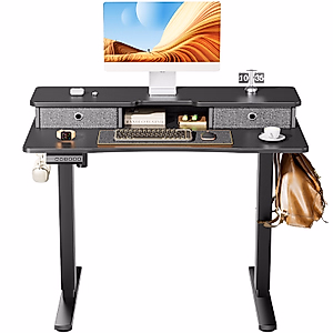 Sweetcrispy Height Adjustable Electric Standing Desk with Storage Shelf Double Drawer, 40 x 24 Inch Stand up Desk, Sit Stand Desk with Splice Board