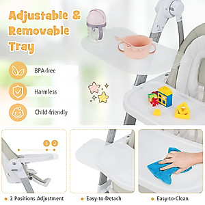 BABY JOY Baby Swings for Infants, 3 in 1 Foldable High Chair w/ 8 Adjustable Height, 5-Position Backrest, 3 Timer Settings, 12 Melodies and 5 Natural Sounds, Booster Seat for Dining Table (Gray)