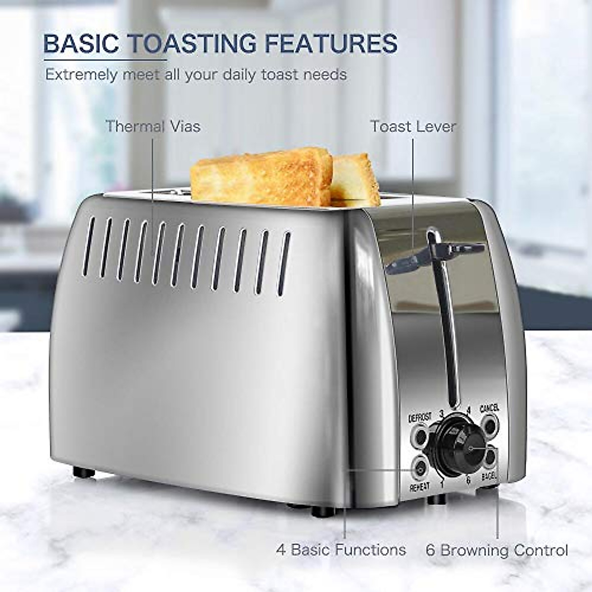 prepAmeal 2 Slice Toaster Stainless Steel Toaster Two Slice Bagel Toaster Small Bake Toaster with 6 Browning Setting, Reheat, Defrost, Bagel, Cancel Function, Extra Wide Slots (Silver - 2 Slice)