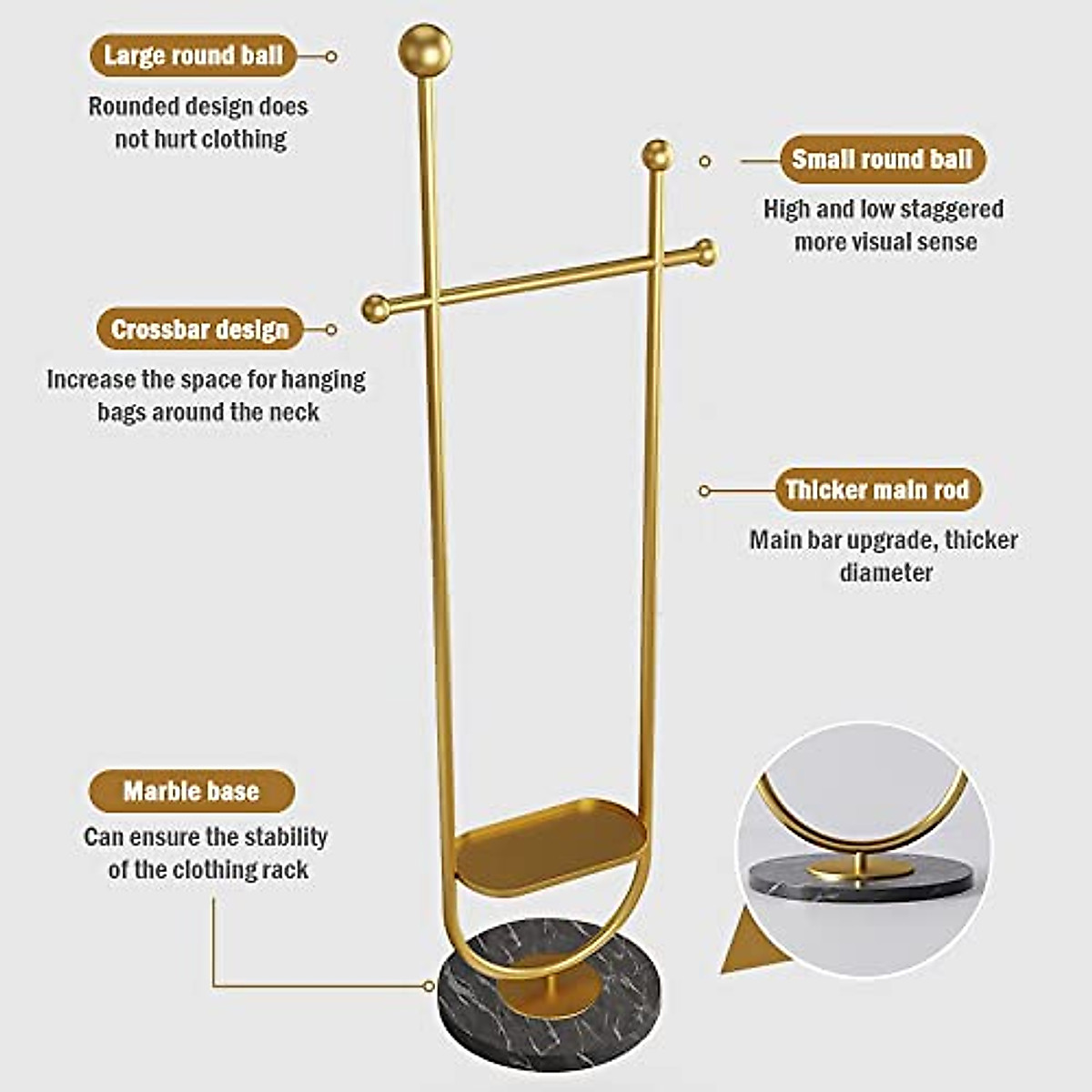 FJANKUI Metal Coat Rack Standing, Modern Floor Freestanding Coat Hanger Rack with Marble Base and Shelves, for Bedroom, Living room, Hallway, Entryway, Office and Shop (Gold)