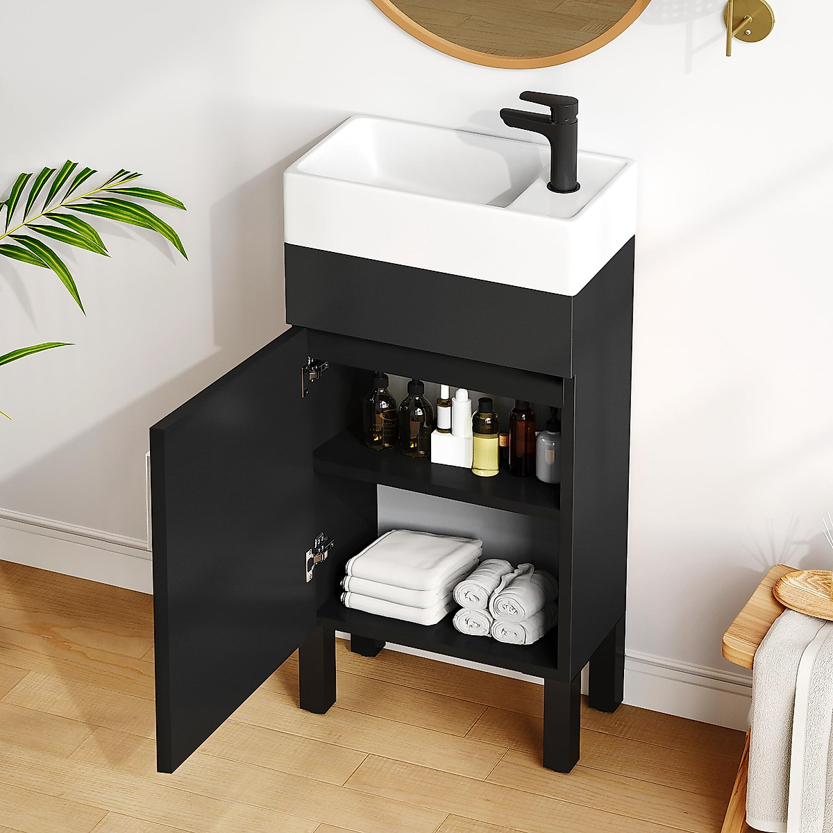 DWVO 16 Inch Bathroom Vanity Sink Combo for Small Space, Freestanding Bathroom Cabinet with Undermount Ceramic Sink, Modern Bathroom Storage Vanity Soft-Close Doors, Black