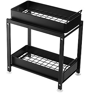 Okllen 2-Tier Under Sink Cabinet Organizer with Sliding Storage Drawer Baskets, Steel Bathroom Sink Organizer Spice Rack Storage Shelf, Countertop Organizer Rack for Kitchen, Office, Black