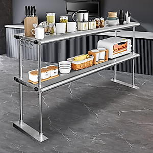 Vlaeng 60" x 12" Stainless Steel Double Overshelf, Double Overshelf with 6 Hooks, Adjustable Commercial Double Shelf for 60" Prep Work Table in Restaurant, Home, Kitchen and Workshop