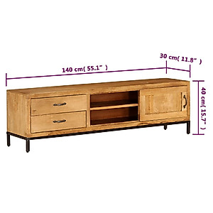 vidaXL Retro TV Stand with Storage - Solid Mango Wood TV Cabinet with Steel Legs - Sideboard with Shelves and Drawers - 55.1"x11.8"x15.7" - Brown