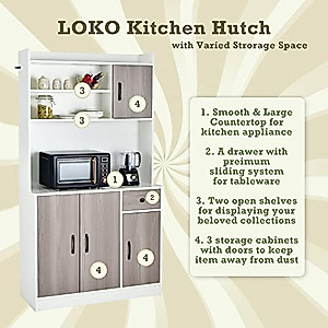 LOKO Kitchen Pantry Storage Cabinet, Kitchen Buffet with Hutch with Adjustable Shelves and Cable Management Hole, Tall Kitchen Hutch with Anti-tip Devices, 39.5 x 15.5 x 71 inches (White)
