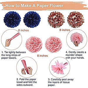 Navy Blue Rose Gold Happy Birthday Party Decorations Kit for Women Girls Men, Banner, Flower Pompoms, Fringe Curtain, Cake Topper, Foil Balloons for 16th 18th 21st 30th 40th 50th 60th Party Supplies