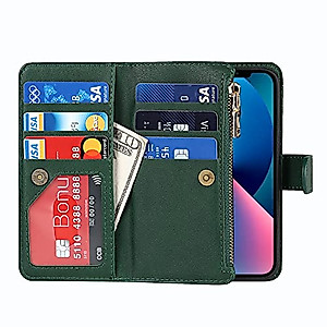 Jaorty for iPhone 13 Mini Phone Wallet Case with Card Holder, Crossbody Strap, Zipper Pocket, PU Leather, Dark Green