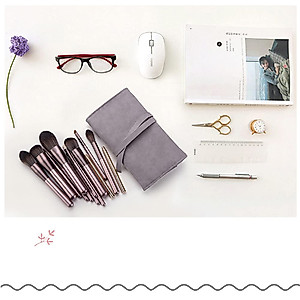 JAMEND CLXP 14 Pockets Makeup Brush Travel Rolling Case Gray Waterproof Cosmetic Travel Bag Brushes Pouch Holder, Premium Leather Brush Organizer with Belt Strap for Women Girls, NO BRUSHES.