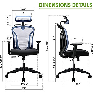 High Back Office Chair, Ergonomic Mesh Chair Home Desk Chair Adjustable Headrest, Executive Computer Chair with Hanger and Soft Foam Seat Cushion and Lumbar Support,Blue