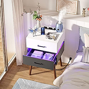 armocity Nightstands with Charging Station and LED Light, Bedside Table with Drawers, Modern Nightstand with Charging Port, Sturdy Night Stands with Light for Bedrooms, Guest Room, White and Black