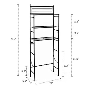 L&H UNICO 3-Shelf Wire Freestanding Shelving Unit Over The Toilet Storage Organizer Rack Bathroom Space Saver, Includes 4-Hooks, Black