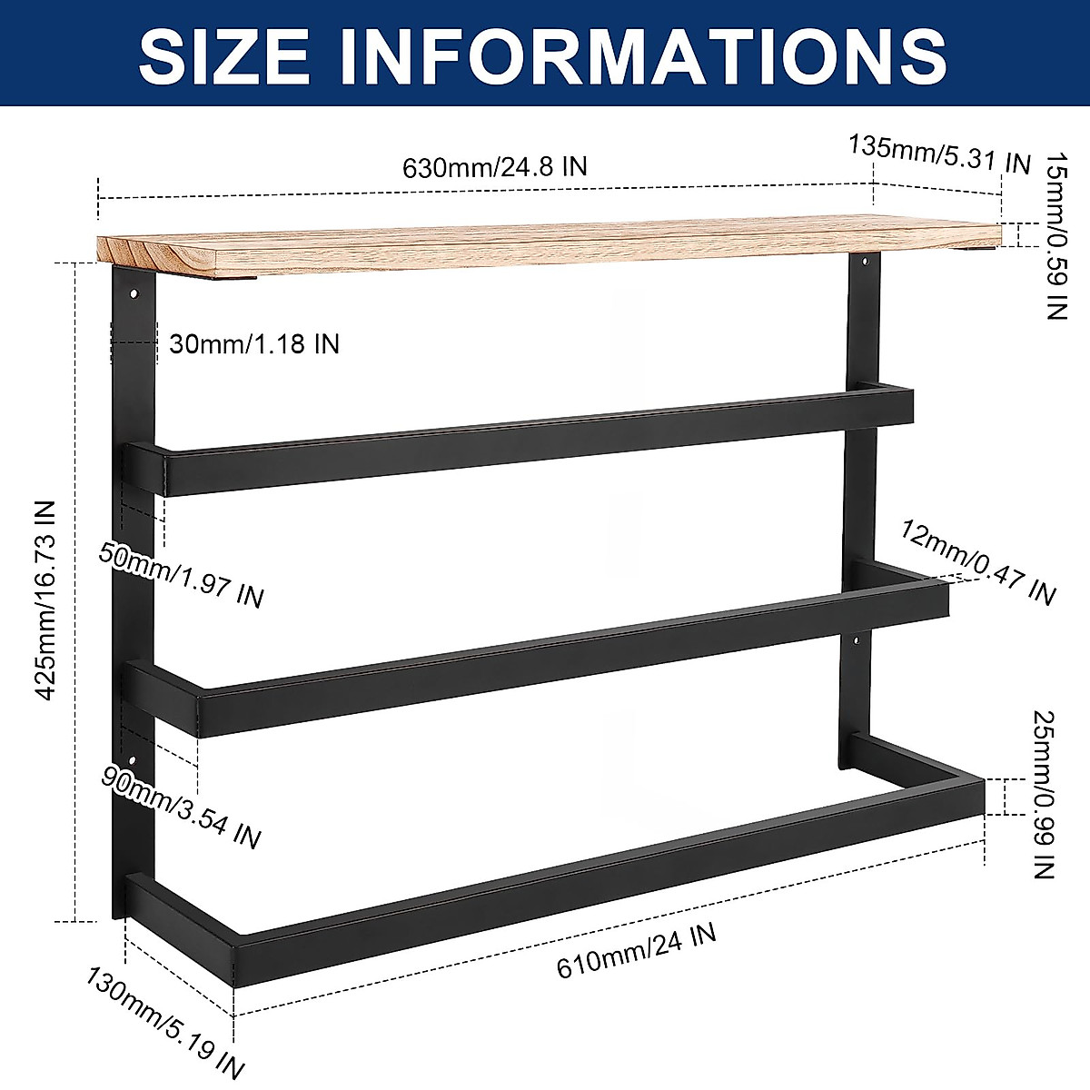 NearMoon Hanging Towel Rack for Bathroom, Thicken Metal Towel Holder with Wood Shelf, 3-Tier Towel Bar Storage, Wall Mounted Towel Hangers Bathroom Decor Organizer Accessories (24 Inch, Matte Black)