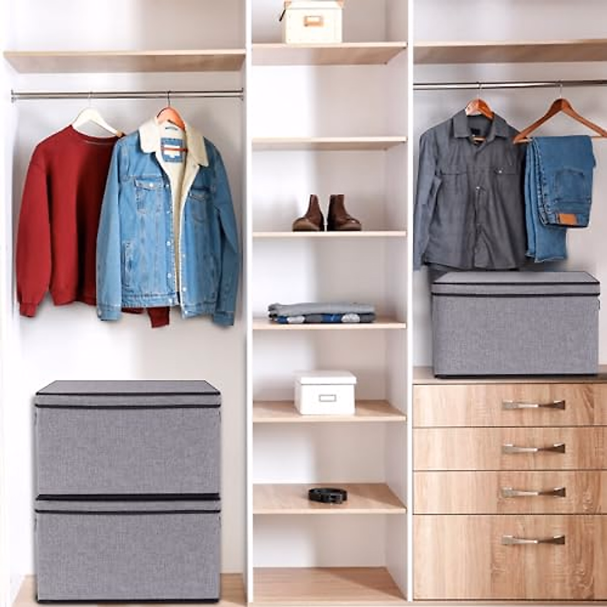 YheenLf Fabric Storage boxes,Storage Baskets for Shelves with Lids, Fabric Storage Bins with Handles, Decorative Linen Closet Organizers Boxes,Medium, Gray, 3-Pack