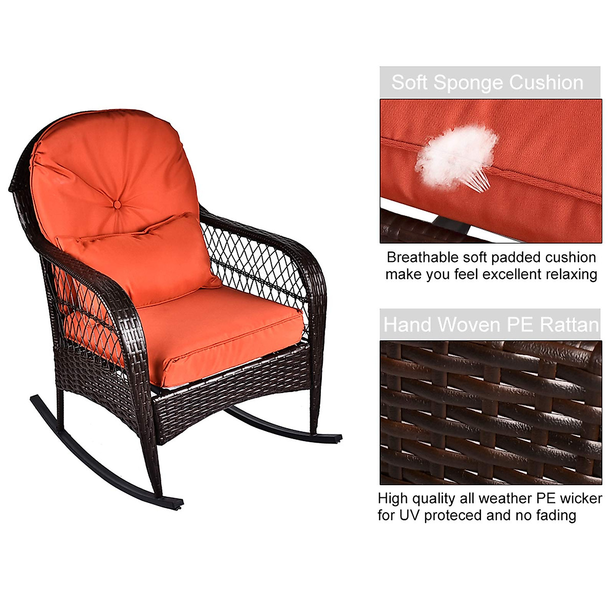B BAIJIAWEI 2pcs Outdoor Wicker Rocking Chair All Weather Wicker Rocker Chair with Cushions for Garden Patio Yard Porch Lawn Balcony Backyard (2PCS-Brown Wicker-Orange)
