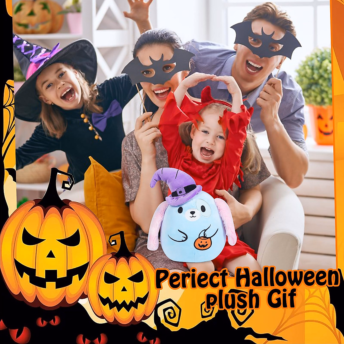 WeightedPlush 14Inch Halloween Pumpkin Dog Plush, Blue Rainbow Halloween Dog Stuffed Animal with Witch Cap Gifts Halloween Dog Plushies Pillow