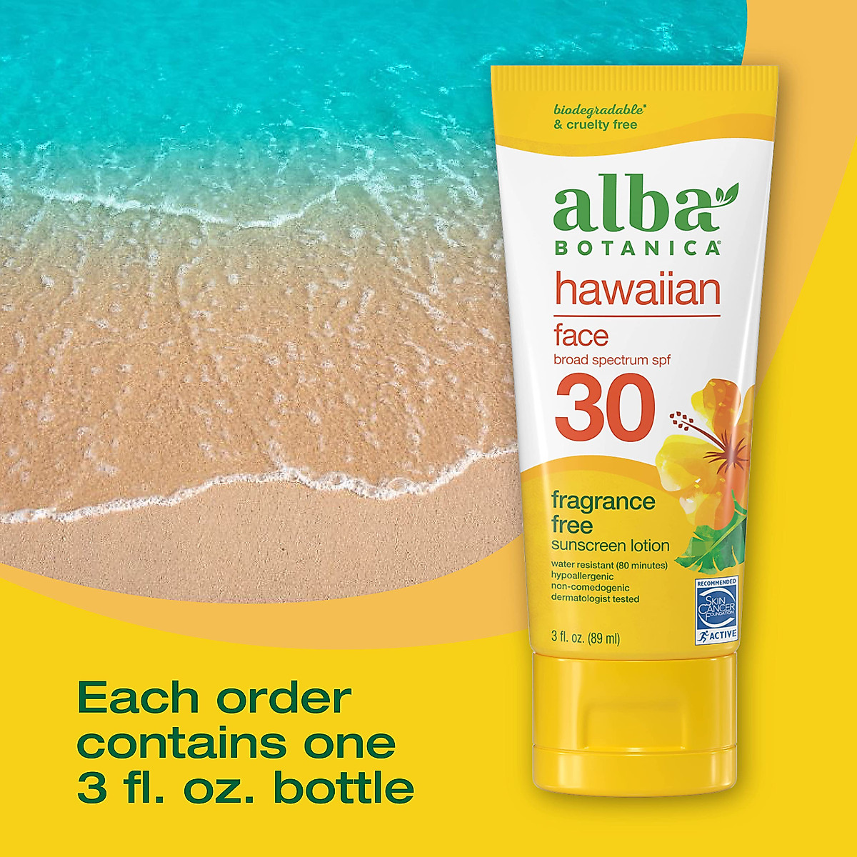 Alba Botanica Sunscreen for Face, Fragrance-Free Hawaiian Face Sunscreen Lotion, Broad Spectrum SPF 30, Water Resistant and Biodegradable, 3 fl. oz. Bottle