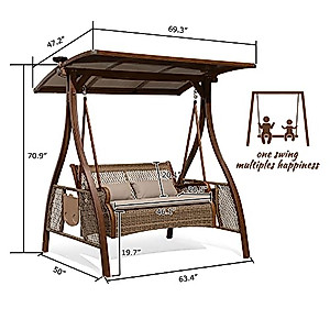 PURPLE LEAF Patio Porch Swing Chair with Canopy 2 Person Hand-Woven Wicker Outside Glider w/Solar LED Light and Cushions for Backyard Loveseat Bench Outdoor Hamock Swinging Chairs