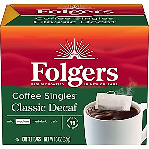 Folgers Coffee Singles Classic Decaf Medium Roast Coffee, 19 Single Serve Coffee Bags