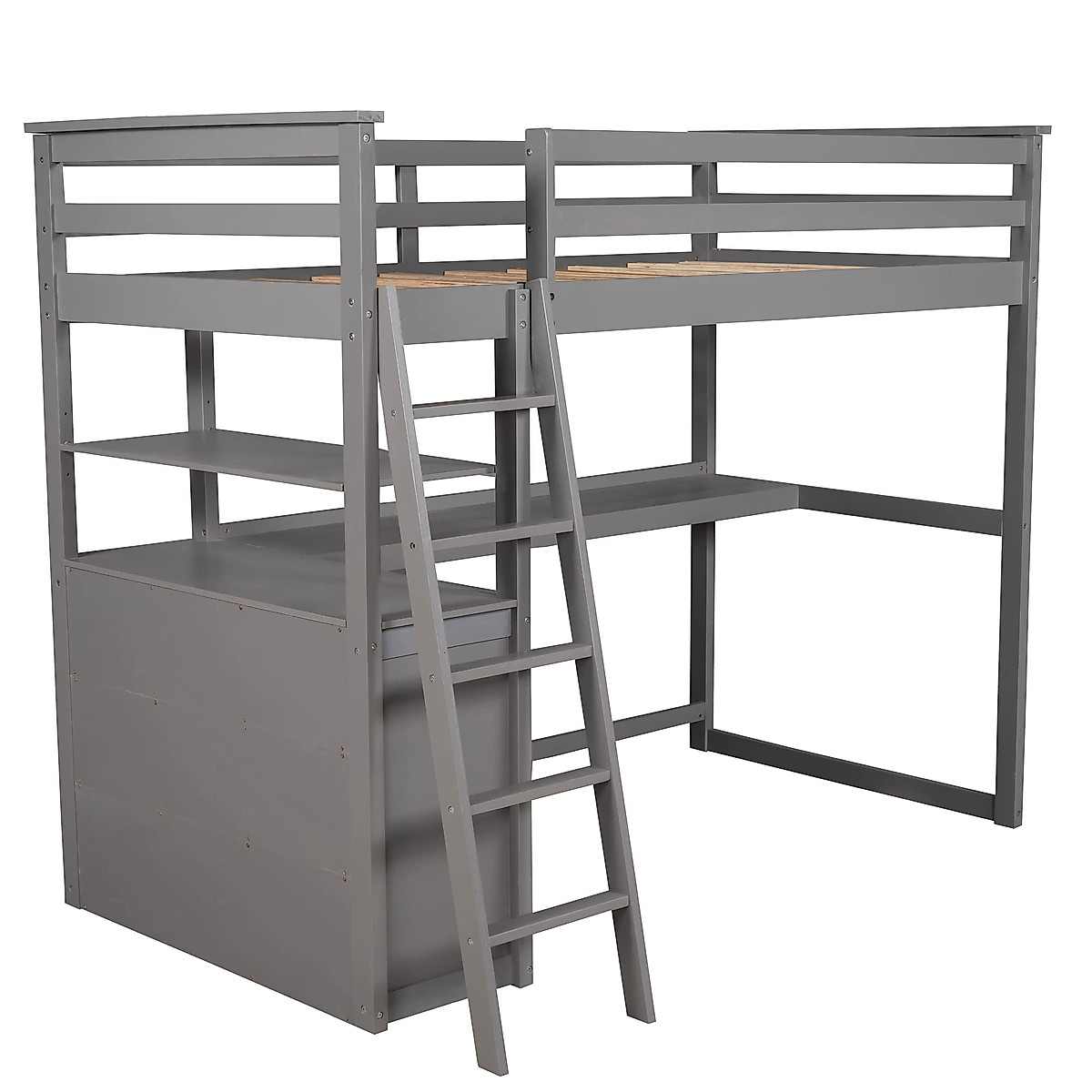 Twin Size Loft Bed with Desk and Drawers, Wood Twin Loft Bed with Storage Shelves, Angled Ladder and Wood Slat Support, High Loft Bed for Kids, Teens, Adults Boys & Girls, Gray