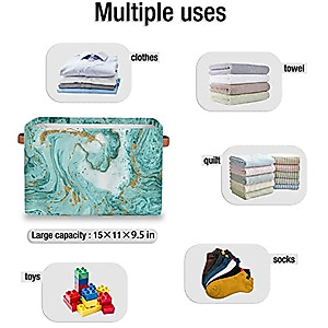 Turquoise Marble Texture Storage Baskets Bin, Teal Marble Collapsible Canvas Fabric Storage Bin Decorative Baskets Toy Organizer Rectangle Storage Boxes with Handles for Home Shelves Nursery,1Pack