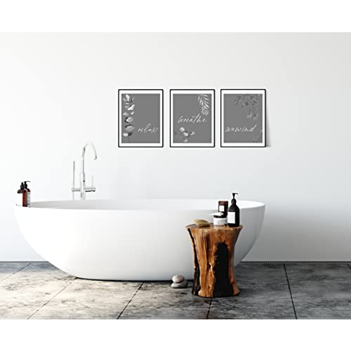 Relax, Breathe, Unwind Bathroom Wall Decor - Set of 3-8"x10" UNFRAMED Prints - Modern, Minimal, Boho, Zen Black And White Art - Bathroom Wall Art (Grey Background)