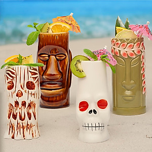 LEMONSODA Hard-Carved and Hand-Painted Tiki Mugs Assorted Cocktail Set of 8 - Ceramic Hawaiian Luau Party Mugs Drinkware, Cute Exotic Cocktail Glasses, Tiki Bar Hawaiian Party Barware - 18-23.5oz