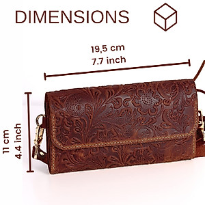 Handmade Small Crossbody Shoulder Bag for Women, Cellphone Bags Adjustable Strap, Leather Card Holder Wallet Purse and Handbags With Zipper Coin Clutch for Teen Girls Bags (Carved Dark Brown)