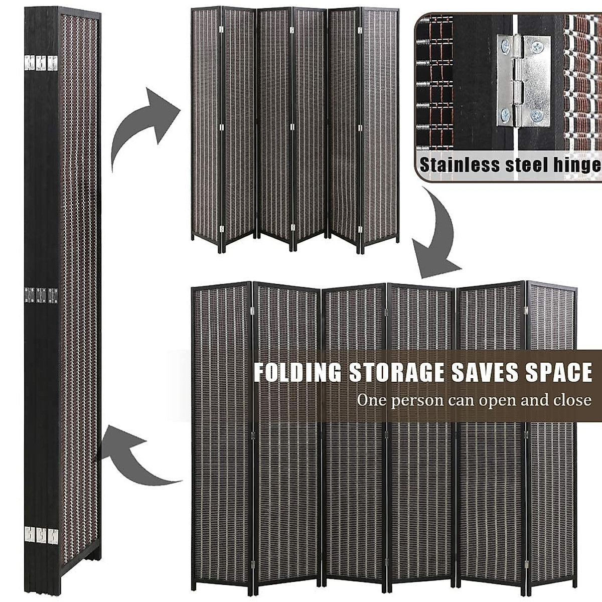 6 Panel 72 Inch Room Divider Bamboo Folding Privacy Wall Divider Wood Screen for Home Bedroom Living Room, Black