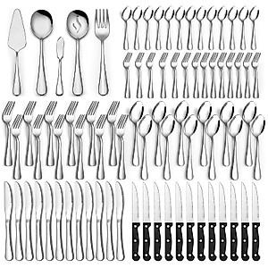 53-Piece Silverware Set with Steak Knives, Flatware Set for 8, Food-Grade Stainless Steel Tableware Cutlery Set with Serving Utensils, Utensil Sets for Home Restaurant, Mirror Finish, Dishwasher Safe