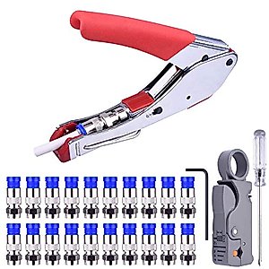 NOUVCOO Compression Tool Kit, RG59 RG6 Coax Crimping Tool Double Blades Coaxial Cable Stripper with 20pcs Blue F Connectors for Cable TV Video Audio NC41