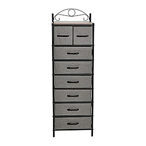 Household Essentials Victoria Dresser Tower Storage Organizer with 8 Drawers Black Metal Frame and Ashwood Rustic Wood Grain Top