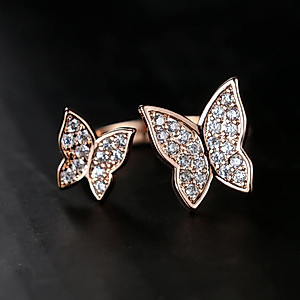 METTU Double Butterfly Finger Rings Open Adjustable Cubic Zirconia Ring for Women (Rose Gold)
