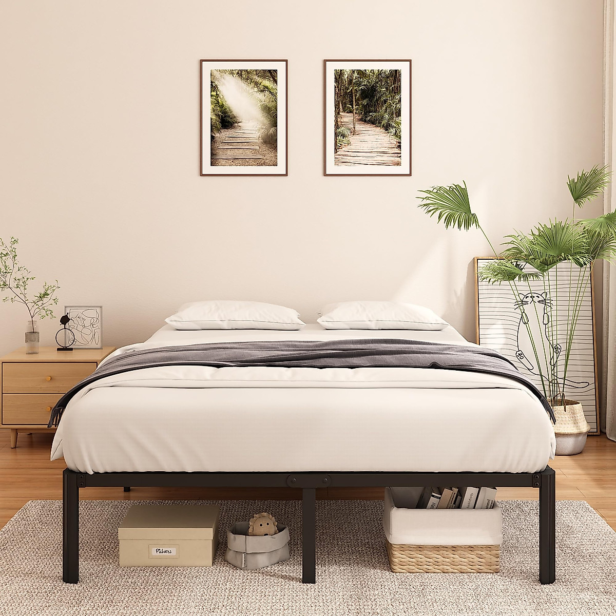 Riwanca 14 Inch Full Size Bed Frame No Box Spring Needed, Heavy Duty Black Metal Platform Mattress Foundation with Rounded Corners, Non-Slip Noise Free Easy Assembly