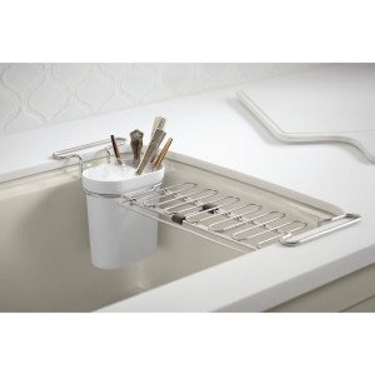 Kohler K-5473-0 Multi-Purpose Over-The-Sink Drying Rack, Caddy with Kitchen Towel Bar Holder, Soaking Cup. Expandable 14.6" to 17.6", White