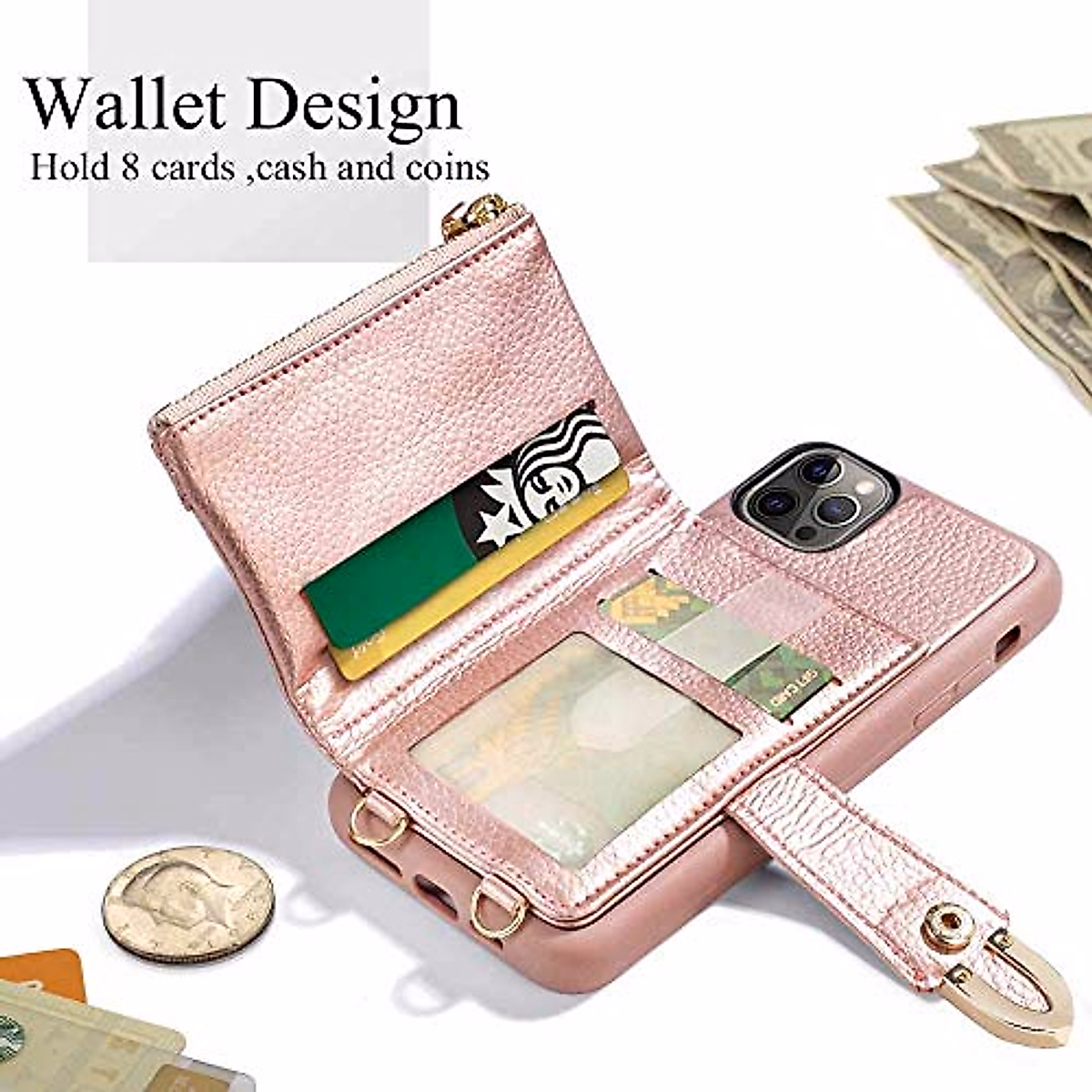 ZVE iPhone 12 and iPhone 12 Pro Wallet Case,iPhone 12 Pro/iPhone 12 Case with Zipper Card Slot Holder Crossbody Shoulder Chain Leather Handbag Purse for Apple iPhone 12 Pro/iPhone 12 6.1" - Rose Gold