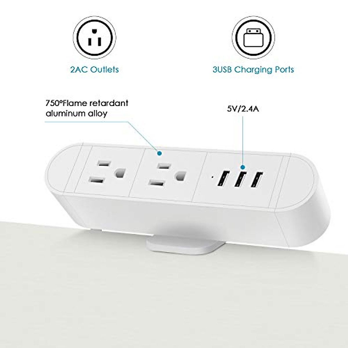Desk Clamp Power Strip,The Clamp Edge Mount Power Center,Aluminum Alloy Fireproof Desktop Power Socket,Desktop Charging Station(White) (2AC & 3 USB)