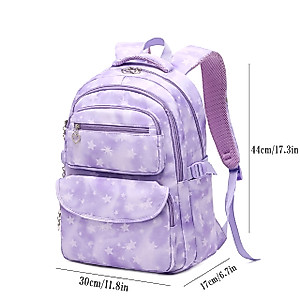 Tanou Backpacks for Girls 3PCs with Lunch Bag Pen Case, Lightweight Breathable Teens Girl Bookbags Sets for Primary Middle School, 22 Liters Cute Back Pack for Teenager 4+ Years, Purple Star