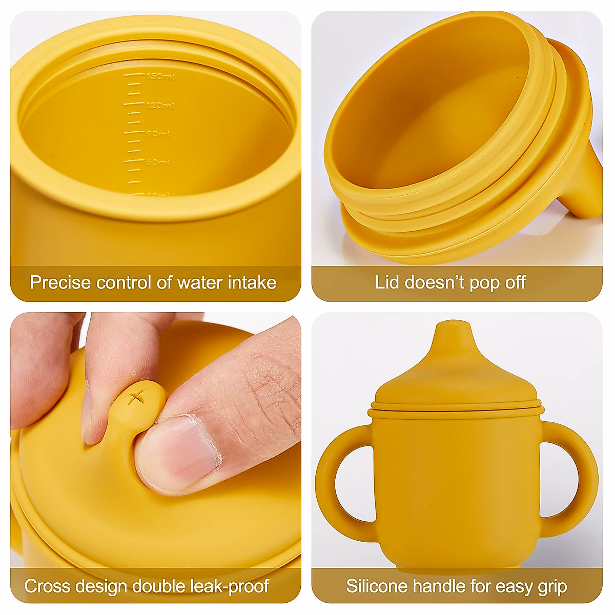 2 Pieces Silicone Sippy Cup Training Cup for Baby 6 months+ Soft Baby Cup with Straw Spill Proof Sippy Cups for Toddlers with Handles and Spout Lid Easy Grip 5oz (Light Pink, Khaki, Cute Style)