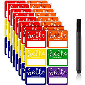 120 Pieces Hello Name Tags with Black Marker Pen, Hello My Name is Stickers Newborn Baby Name Sticker Labels for School Office Home (Multicolor)