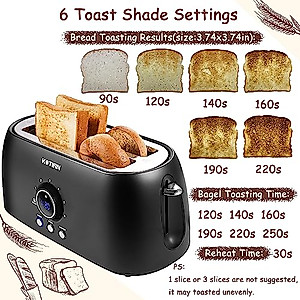 Toaster 4 Slice,KOTIAN Retro Long Slot Toasters with Countdown Timer,Stainless Steel Toaster,Bagel,Defrost,Reheat,Cancel Functions,Extra Wide Slots,6 Toast Settings,Removable Crumbs Tray,Matte black