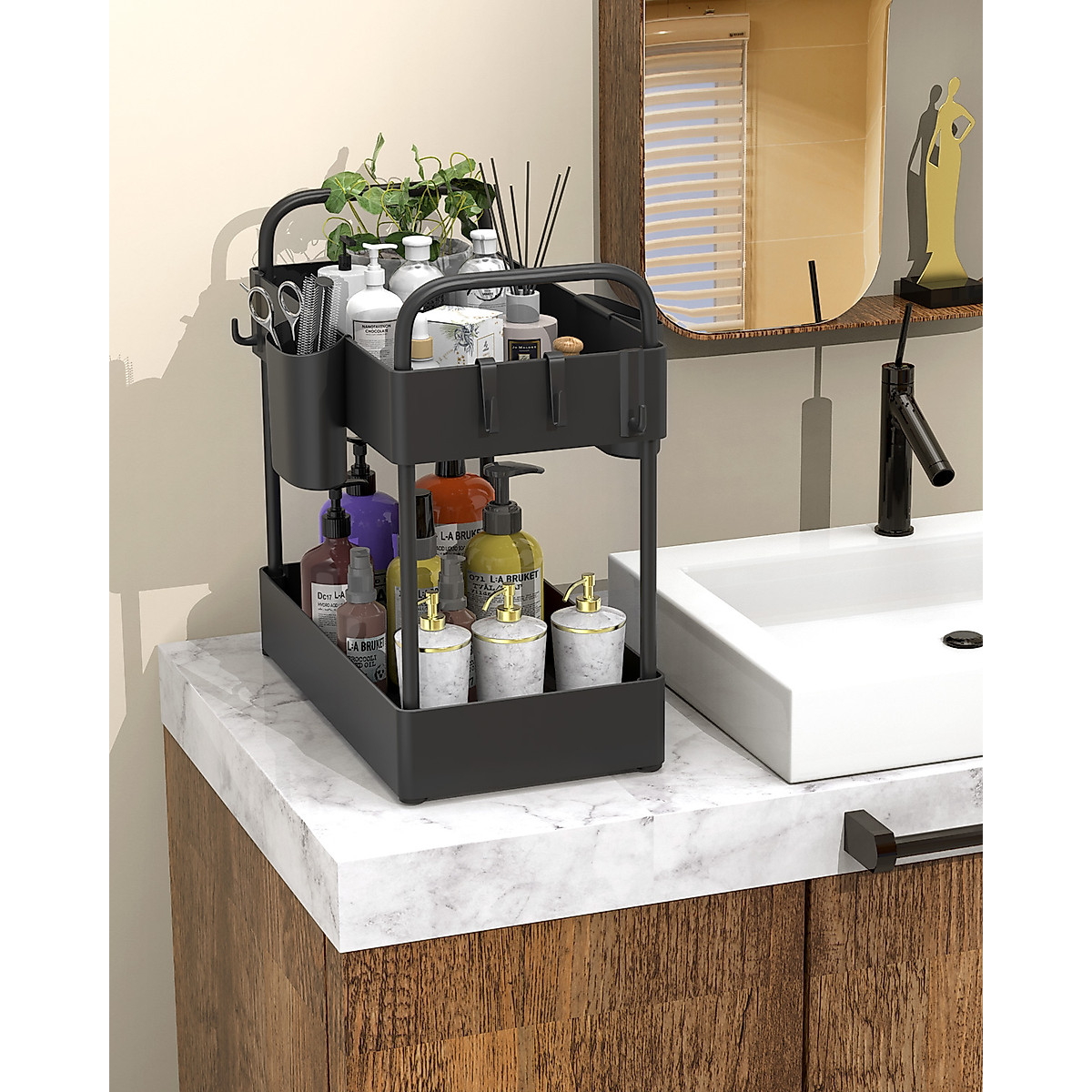FURTIME Under Sink Organizer, 2 Tier Kitchen Under Sink Storage Bathroom Countertop Organizer with 6 Hooks 2 Hanging Cups and Anti-Foot for Bathroom Kitchen Spice Makeup Cosmetics Vanity Narrow Space
